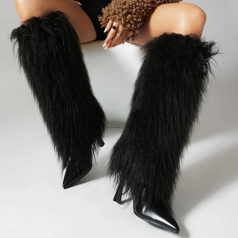 Trend4us Luxe Furry Stiletto Fluffy Knee-High Boots