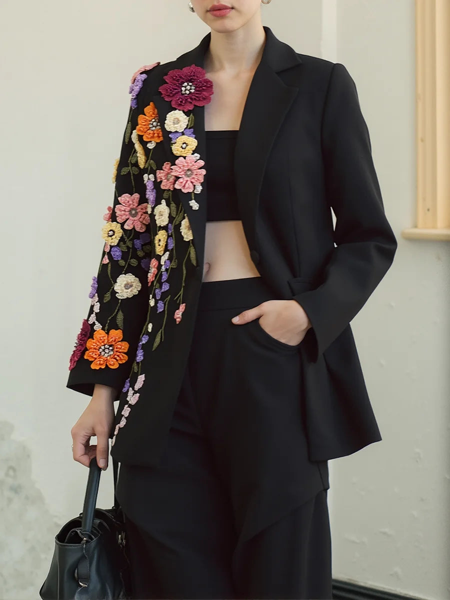 Luxe Floral Beaded Embroidery Blazer - Black Pearl Appliqué | Trend4us