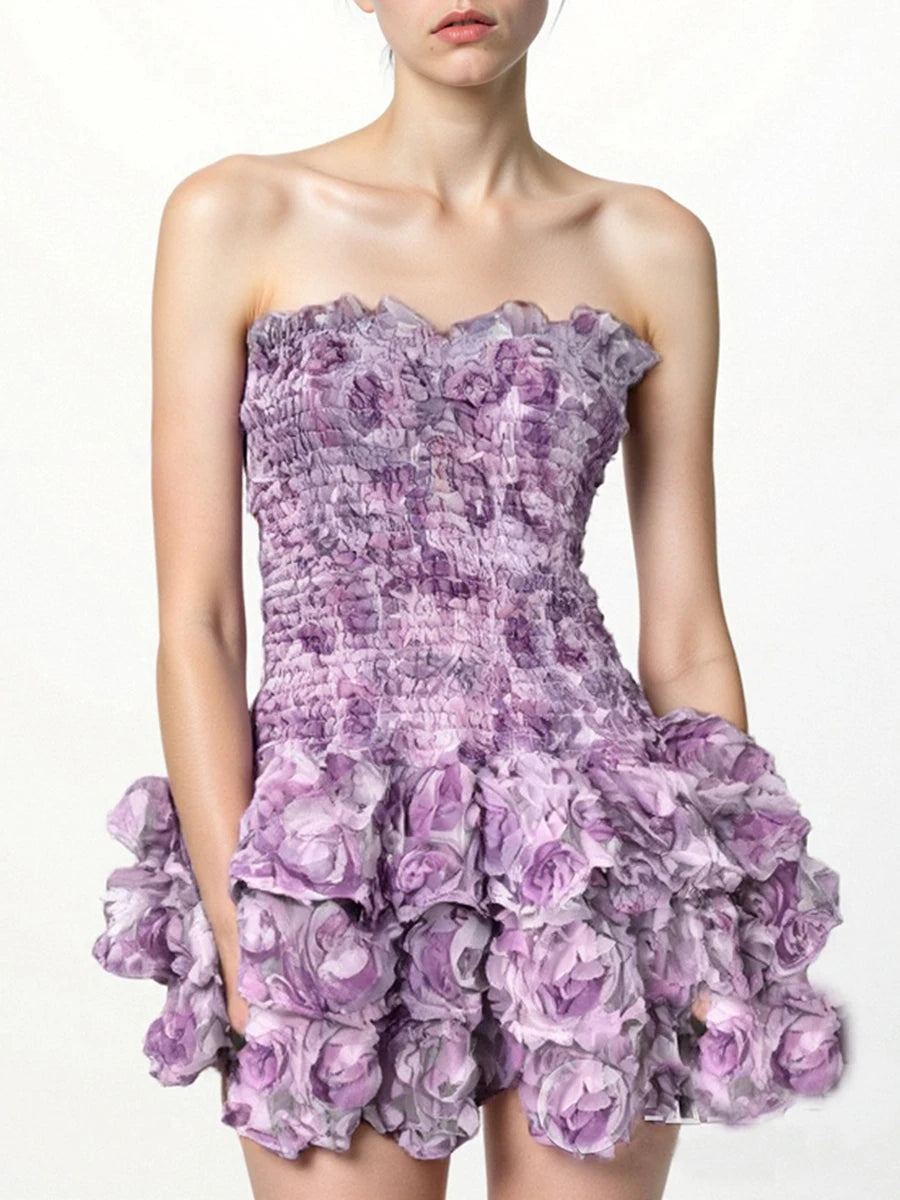 Trend4us Luxe Rosette Strapless Ruffle Mini Dress