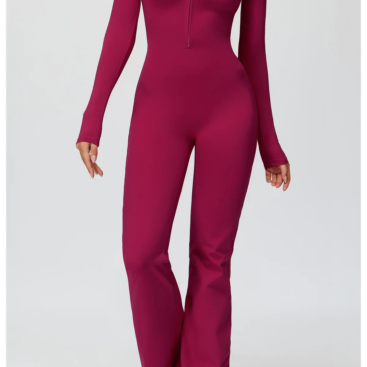 Trend4us Sleek Zip-Front Sculpt Flared Jumpsuit