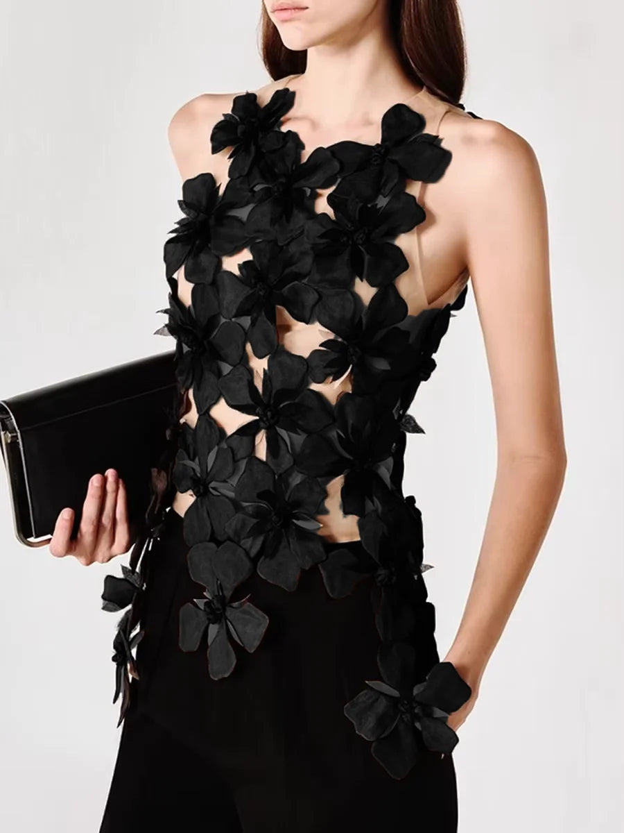 Trend4us Luxe 3D Floral Appliqué Mesh Top