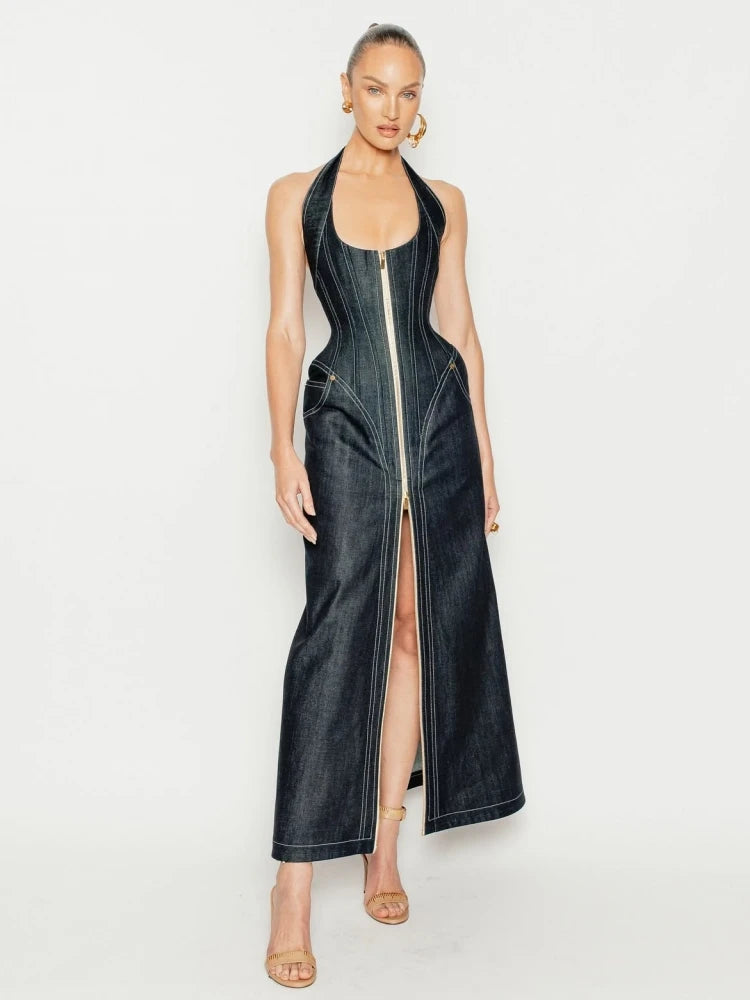 Trend4us Luxe Halter Zip-Front Denim Backless Dress